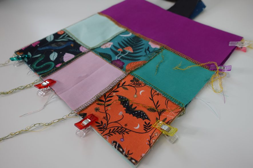 Flatlock Patchwork Trick-or-Treat Bag - wonder clips for back seam ...