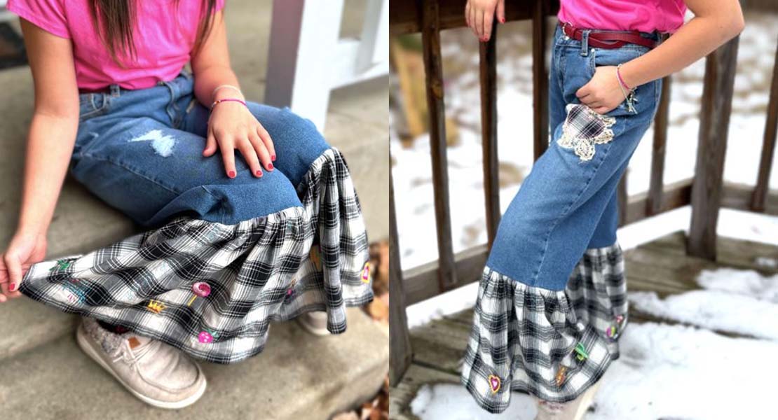 Upcycled Embroidered Ruffle Jeans - WeAllSew